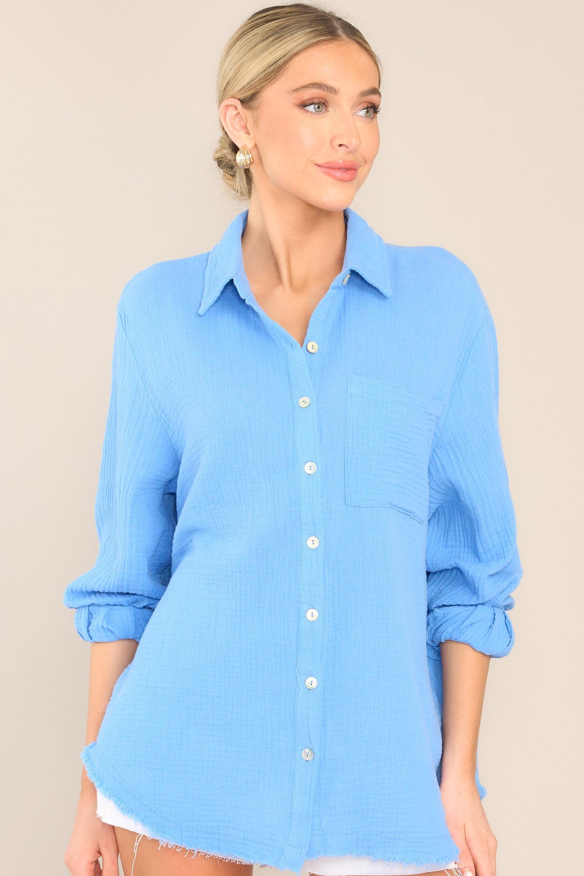 Beachy Blue Gauze Button Front Top - All Tops | Red Dress