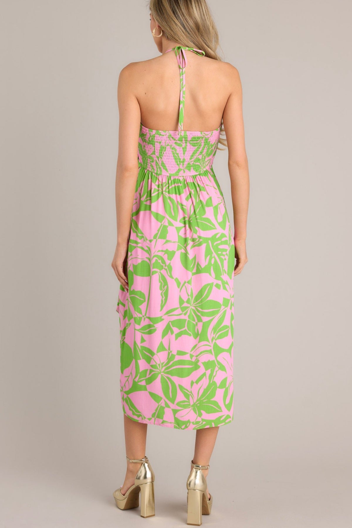 Pink & Green Tropical Print Halter Midi Dress- All Dresses | Red Dress