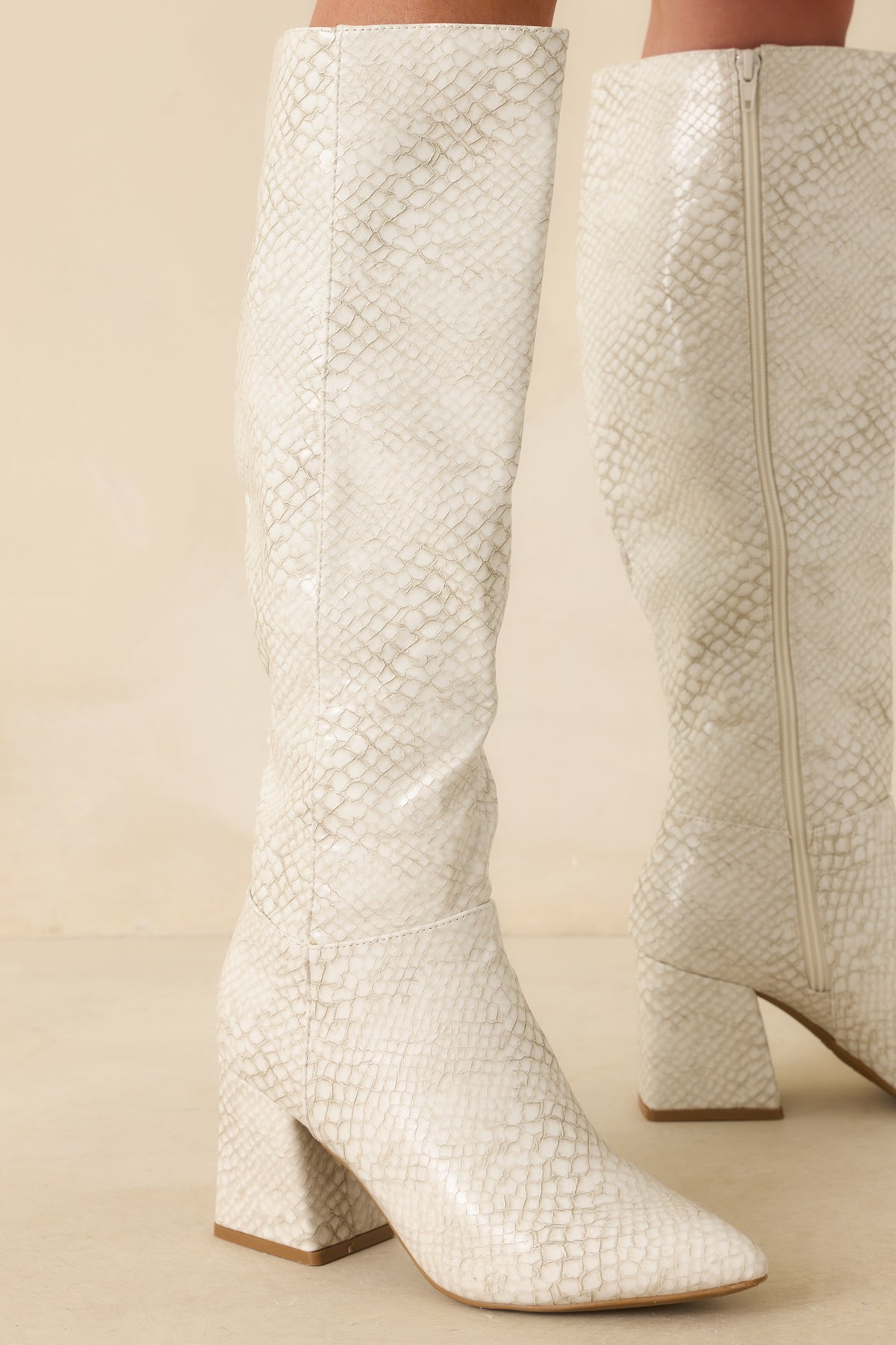 Ivory Faux Snakeskin Knee High Boots - High Heel Boots | Red Dress