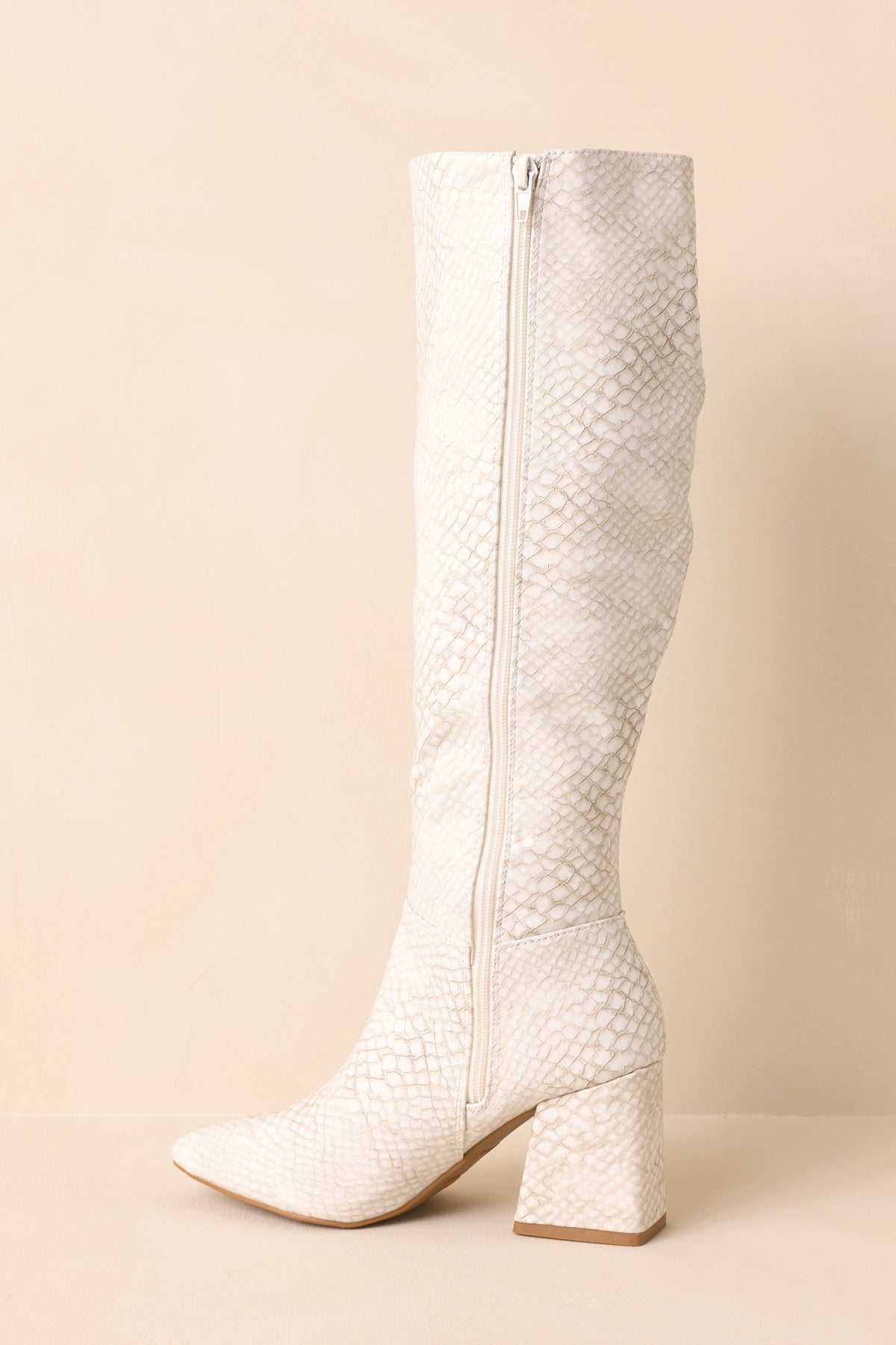 Ivory Faux Snakeskin Knee High Boots - High Heel Boots | Red Dress