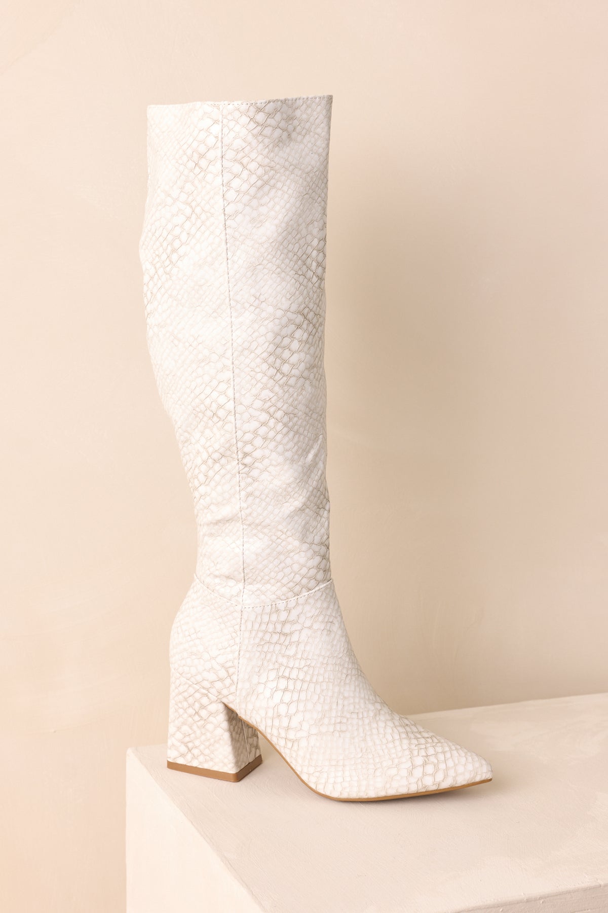 Ivory Faux Snakeskin Knee High Boots - High Heel Boots | Red Dress