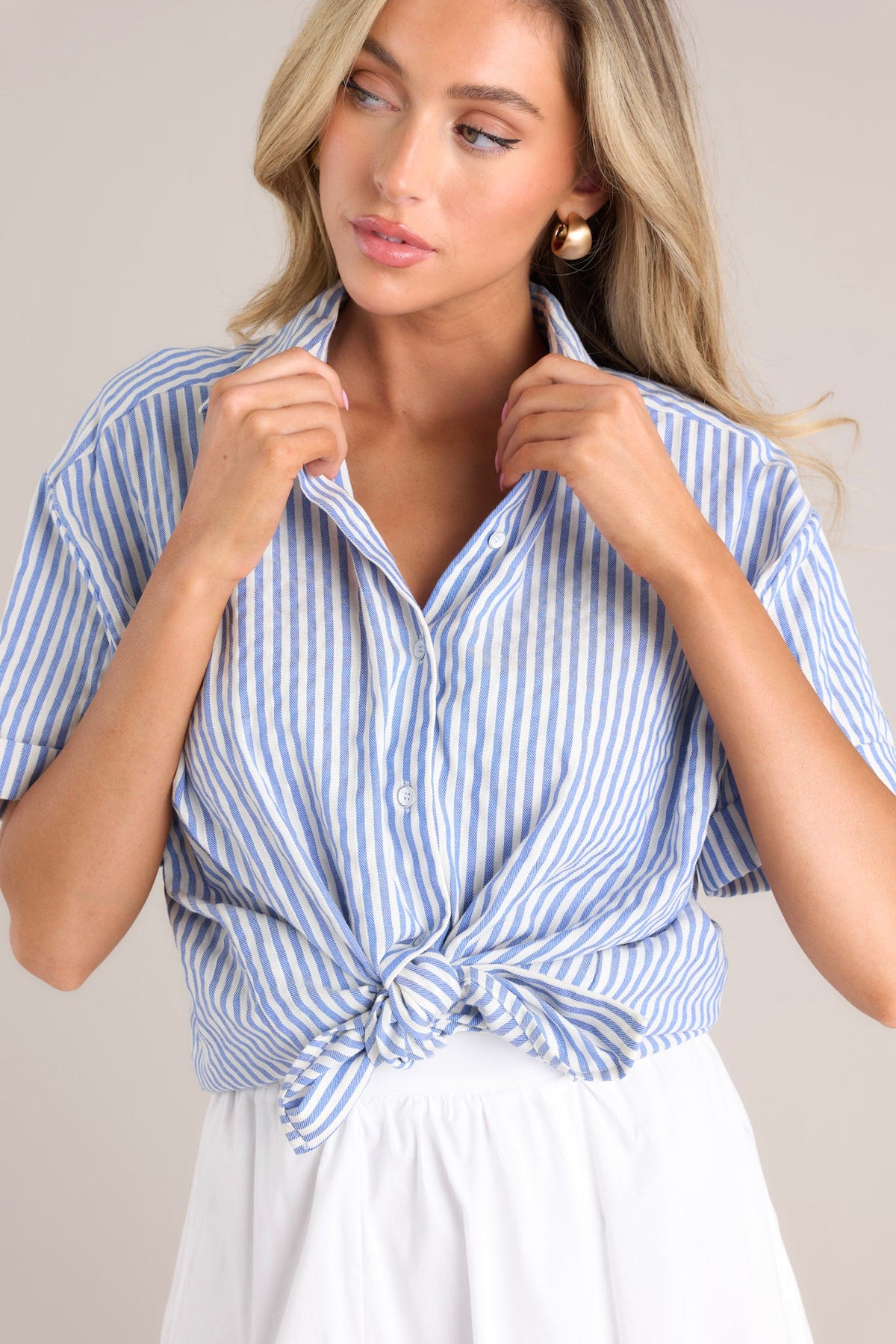Blue Striped Button Front Short Sleeve Top - All Tops | Red Dress