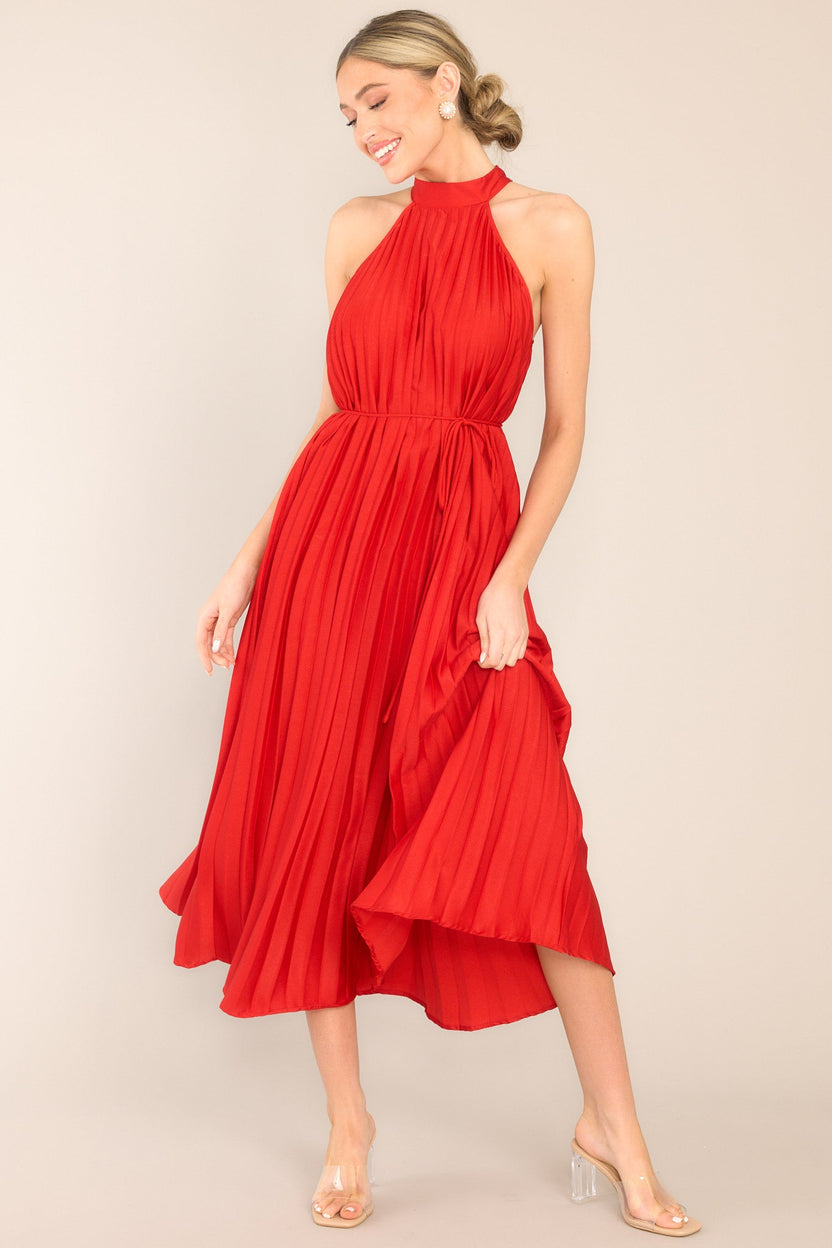Red Pleated Halter Midi Dress - All Dresses | Red Dress