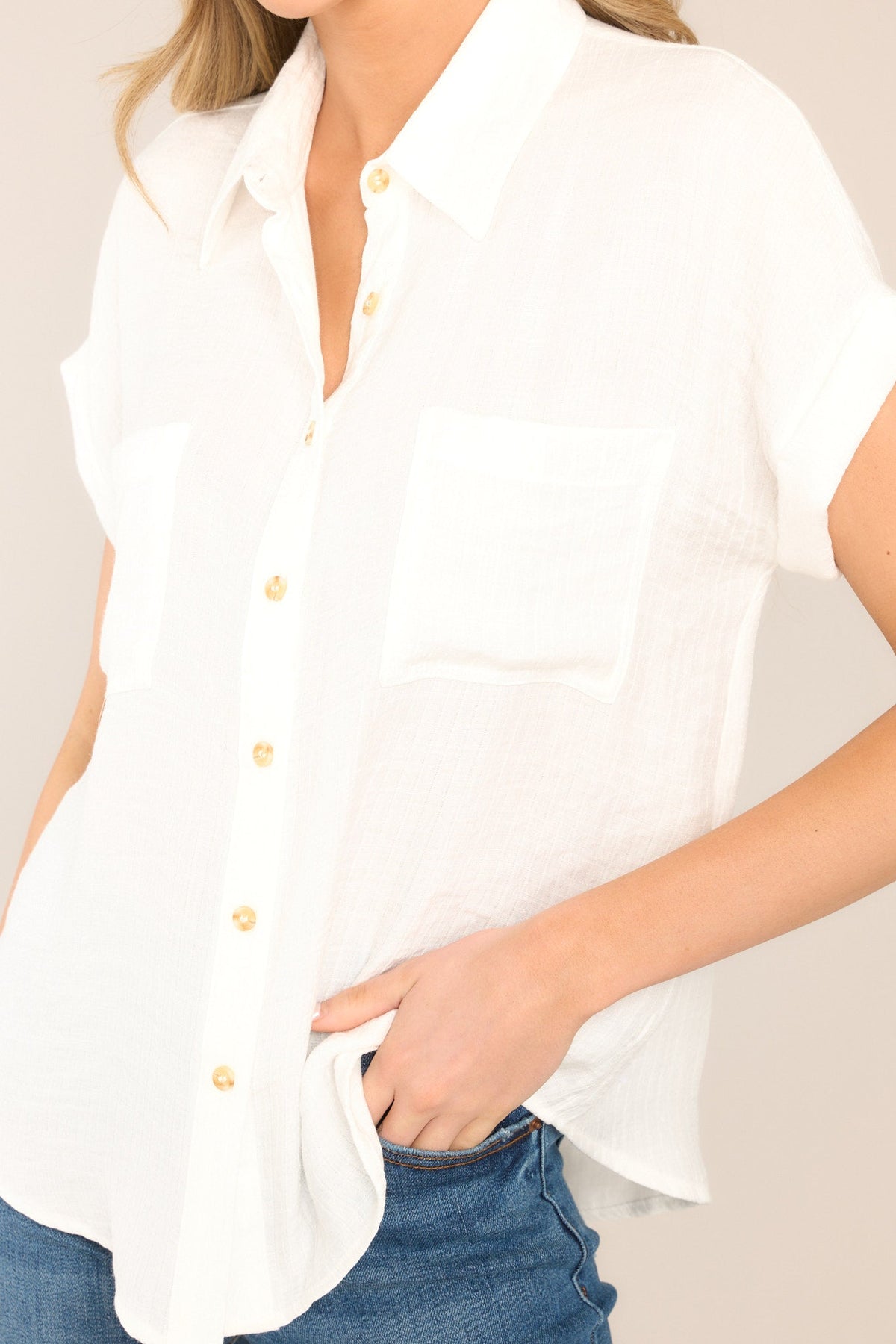 Simple White Button Front Short Sleeve Top - All Tops | Red Dress