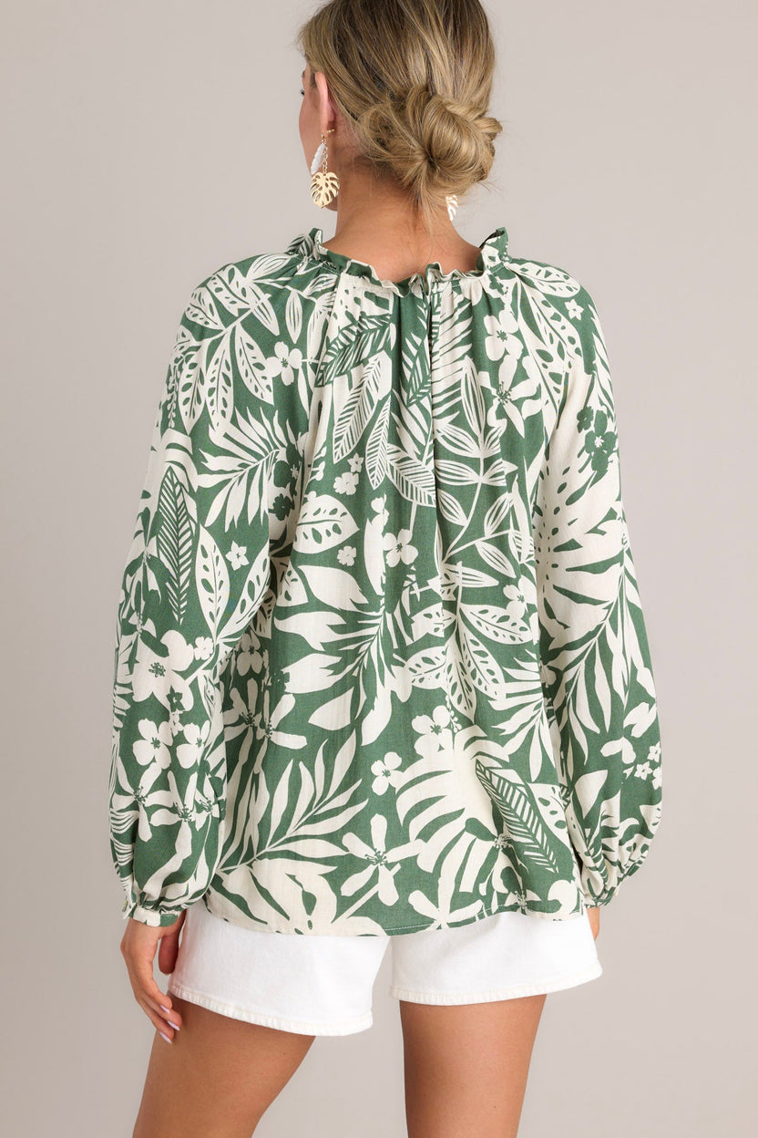 Green Tropical Print Button Front Top - All Tops | Red Dress
