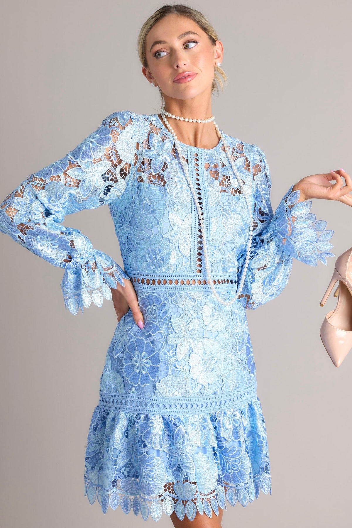 Light Blue Floral Embroidered Mini Dress - All Dresses | Red Dress