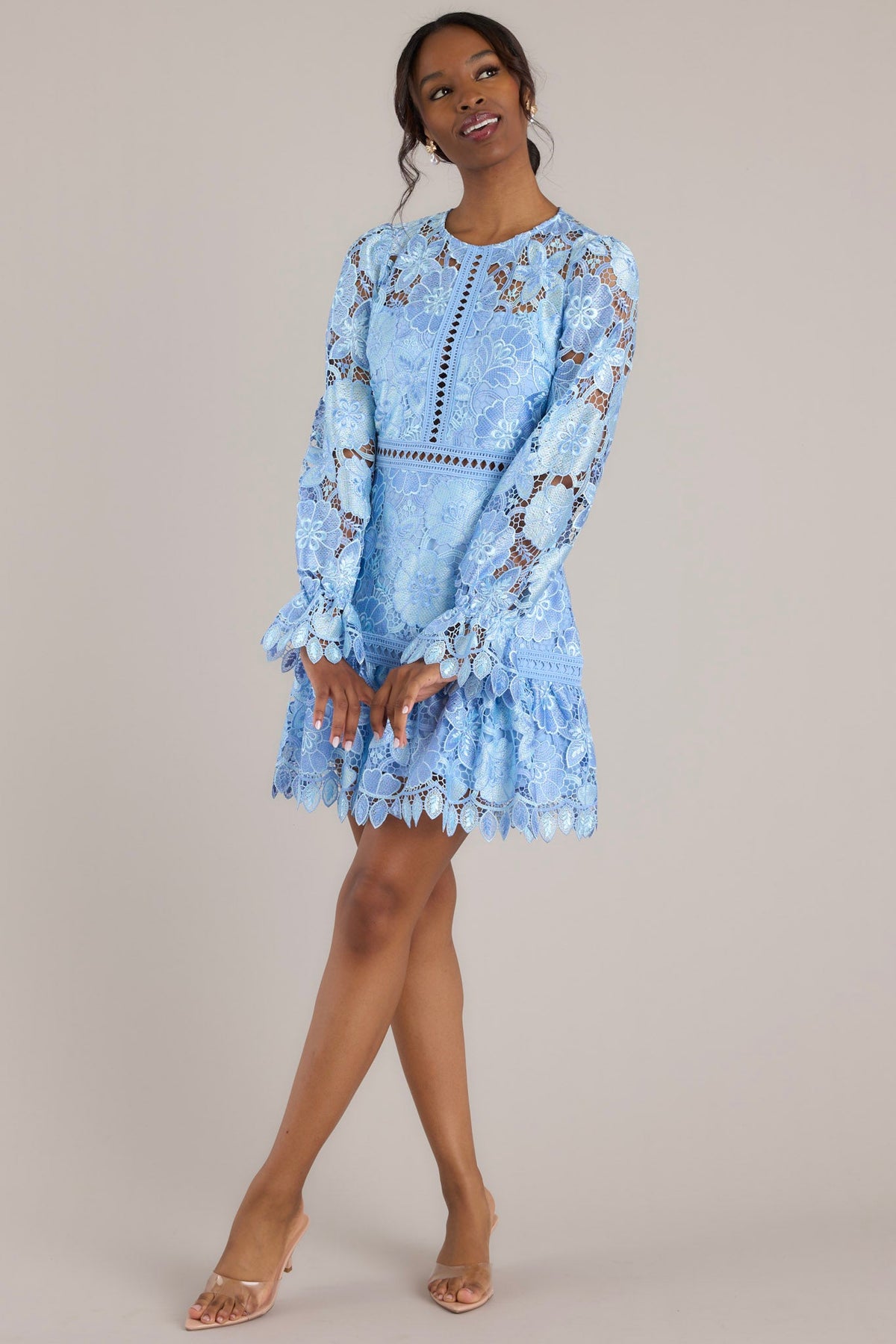 Light Blue Floral Embroidered Mini Dress - All Dresses | Red Dress