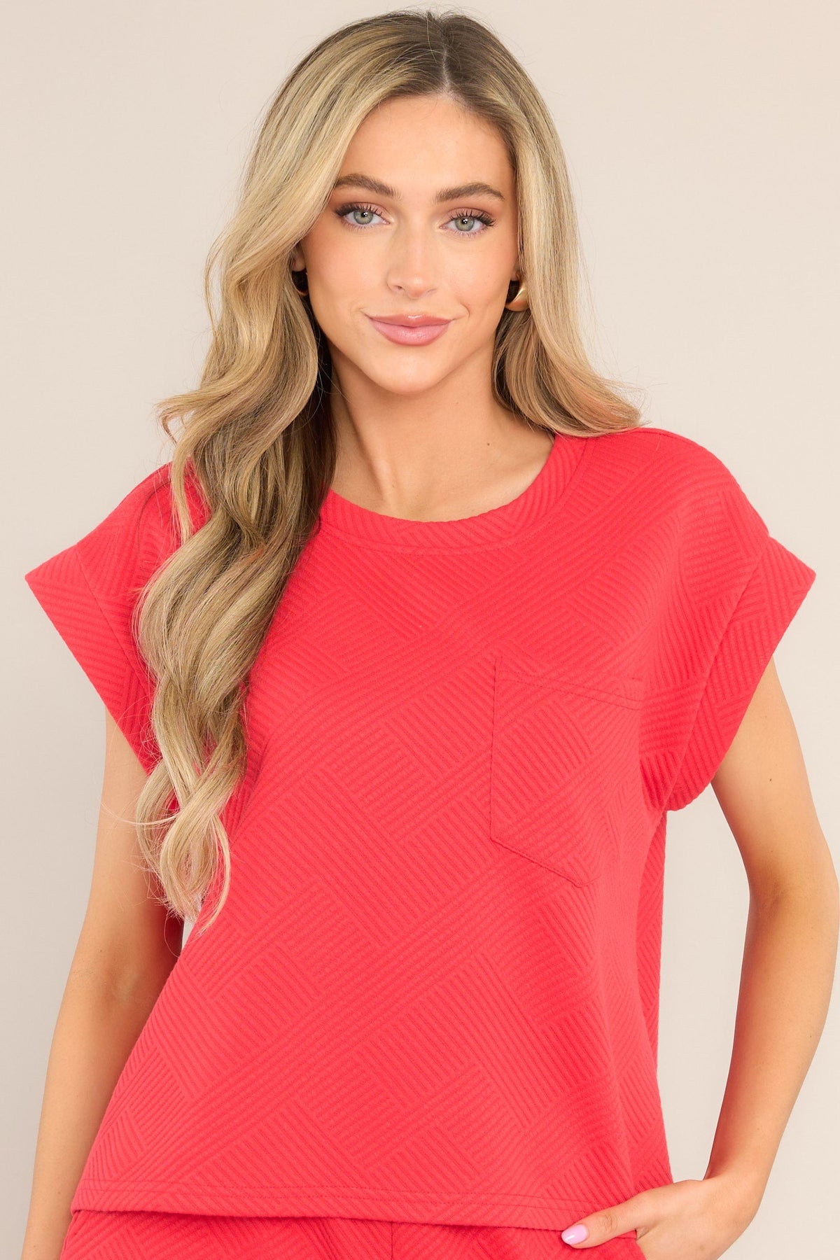 Red Textured Short Sleeve Top - All Tops | Red Dress
