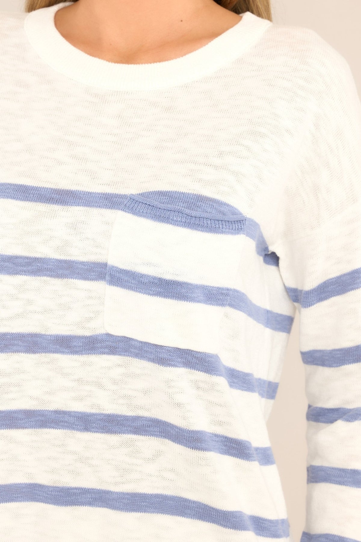 White & Dusty Blue Striped Top - Casual Tops | Red Dress