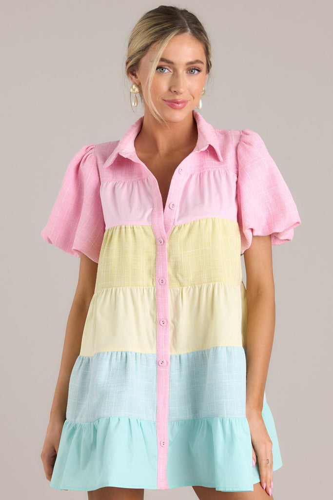 Pastel Button Front Collared Mini Dress - All Dresses | Red Dress