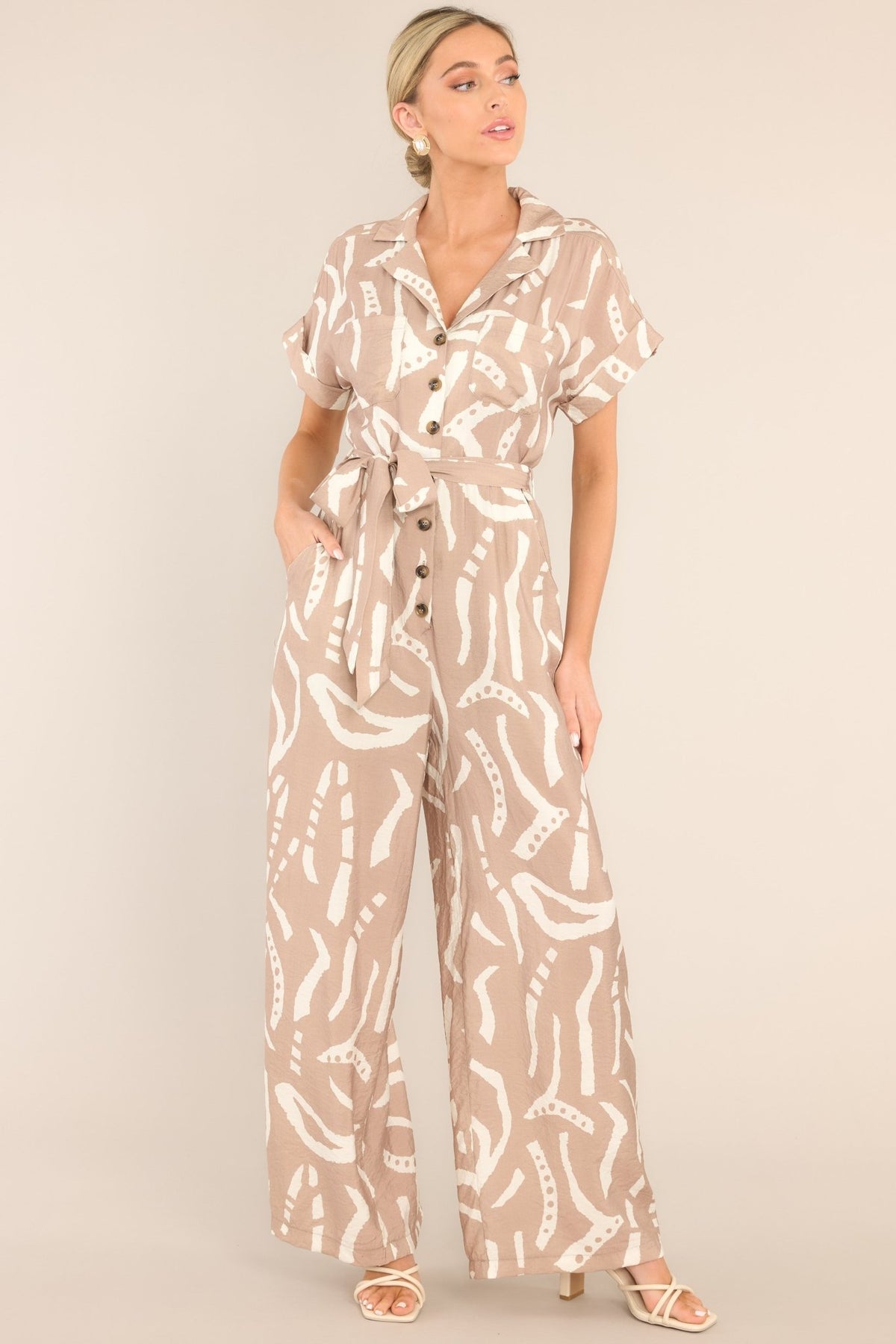 Taupe Button Front Short Sleeve Jumpsuit - All Playsuits | Red Dress