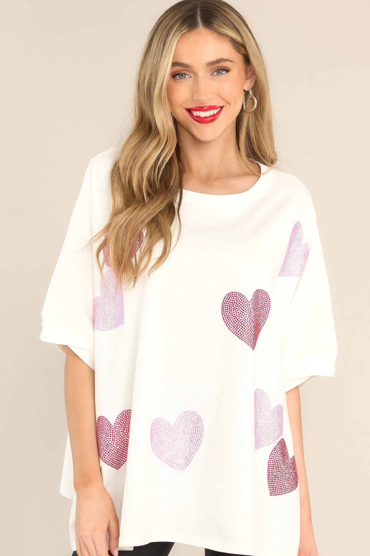 Oversized White Tee With Pink Rhinestone Hearts - Tops | Red Dress