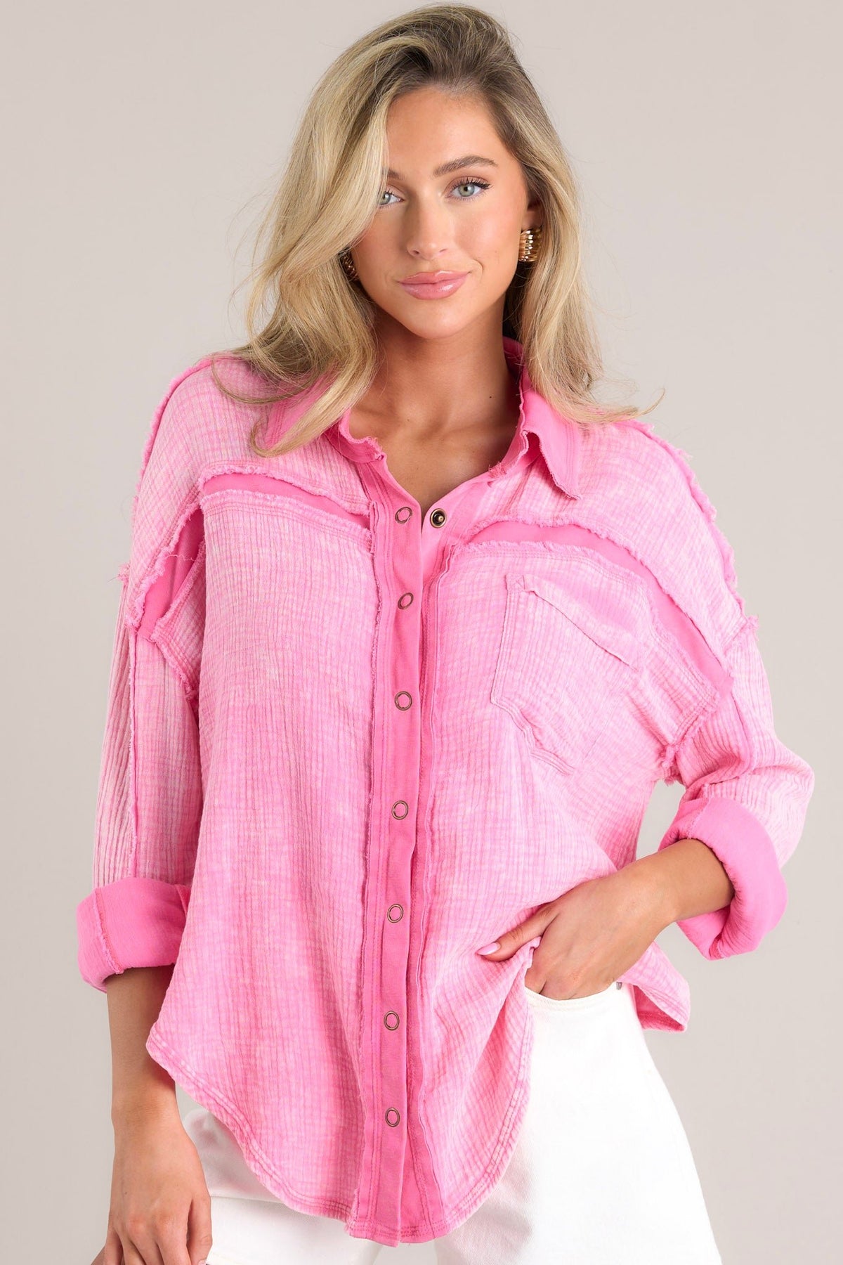 Lightweight Pink Button Front Top - All Tops | Red Dress
