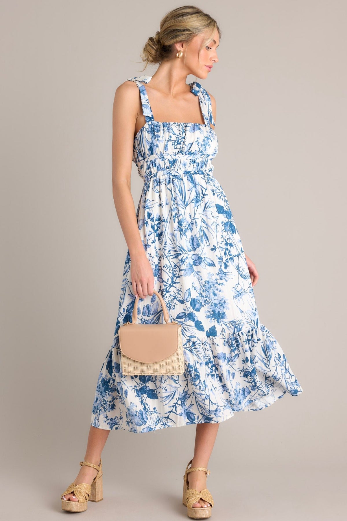 White & Blue Floral Midi Dress - All Dresses | Red Dress