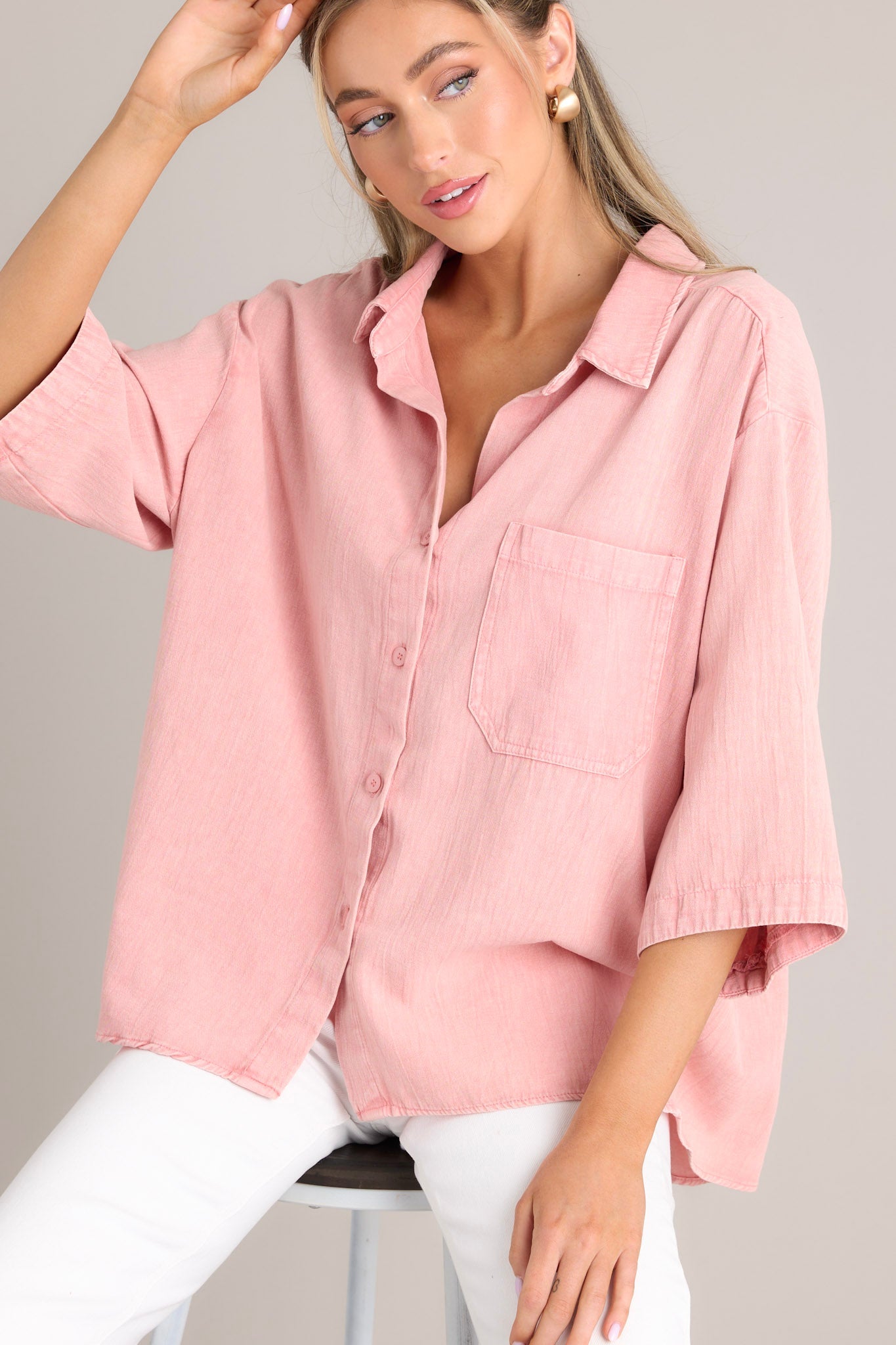 Seashell Pink 100% Cotton Button Front Top - All Tops | Red Dress