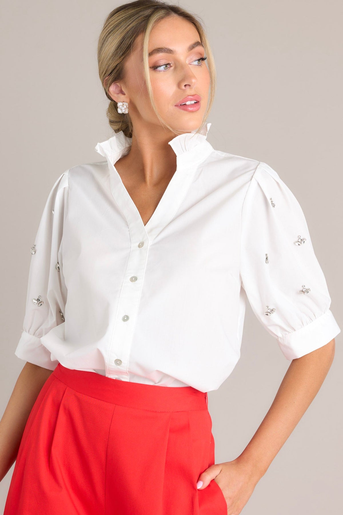White Embellished Button Front Top - All Tops | Red Dress