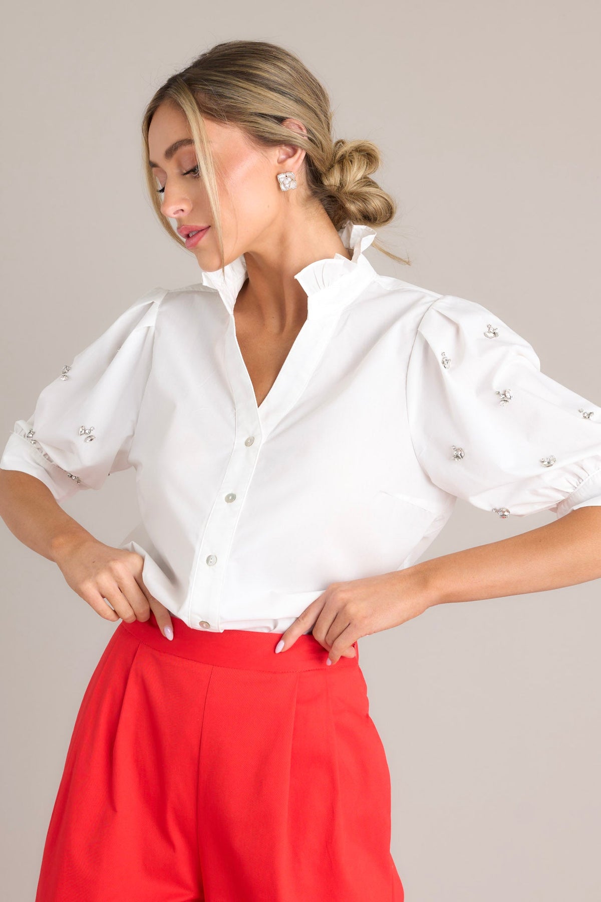 White Embellished Button Front Top - All Tops | Red Dress