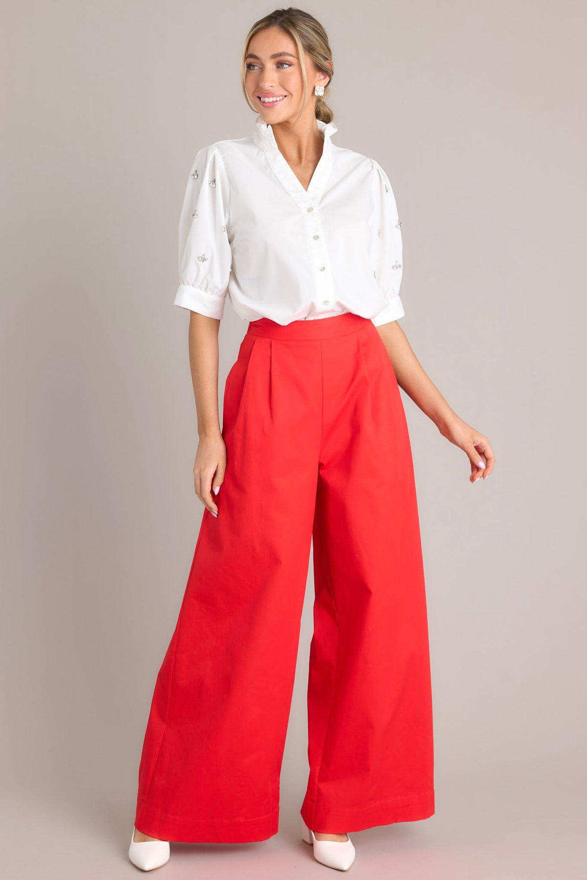 White Embellished Button Front Top - All Tops | Red Dress