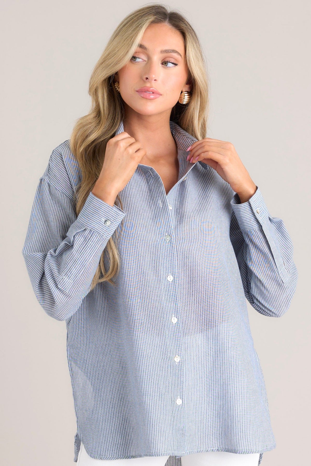 Dusty Blue Stripe Cotton Blend Button Front Top - All Tops | Red Dress