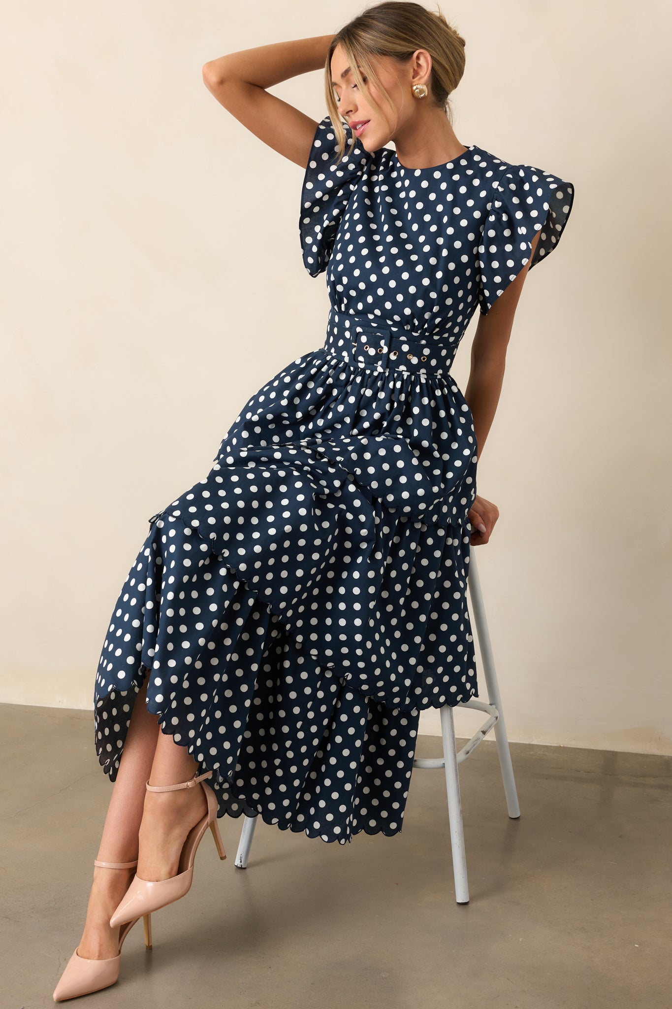 Prosperina Chelsea Maxi Dress In Navy Polka Dot Cotton | Red Dress