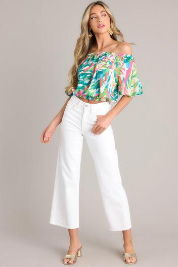 Teal Tropical Print Off-The-Shoulder Crop Top - All Tops | Red Dress