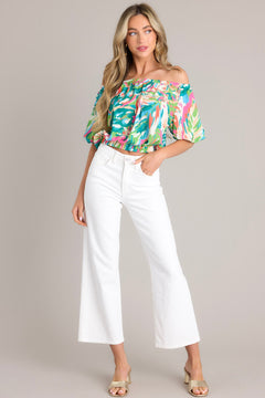 Teal Tropical Print Off-The-Shoulder Crop Top - All Tops | Red Dress