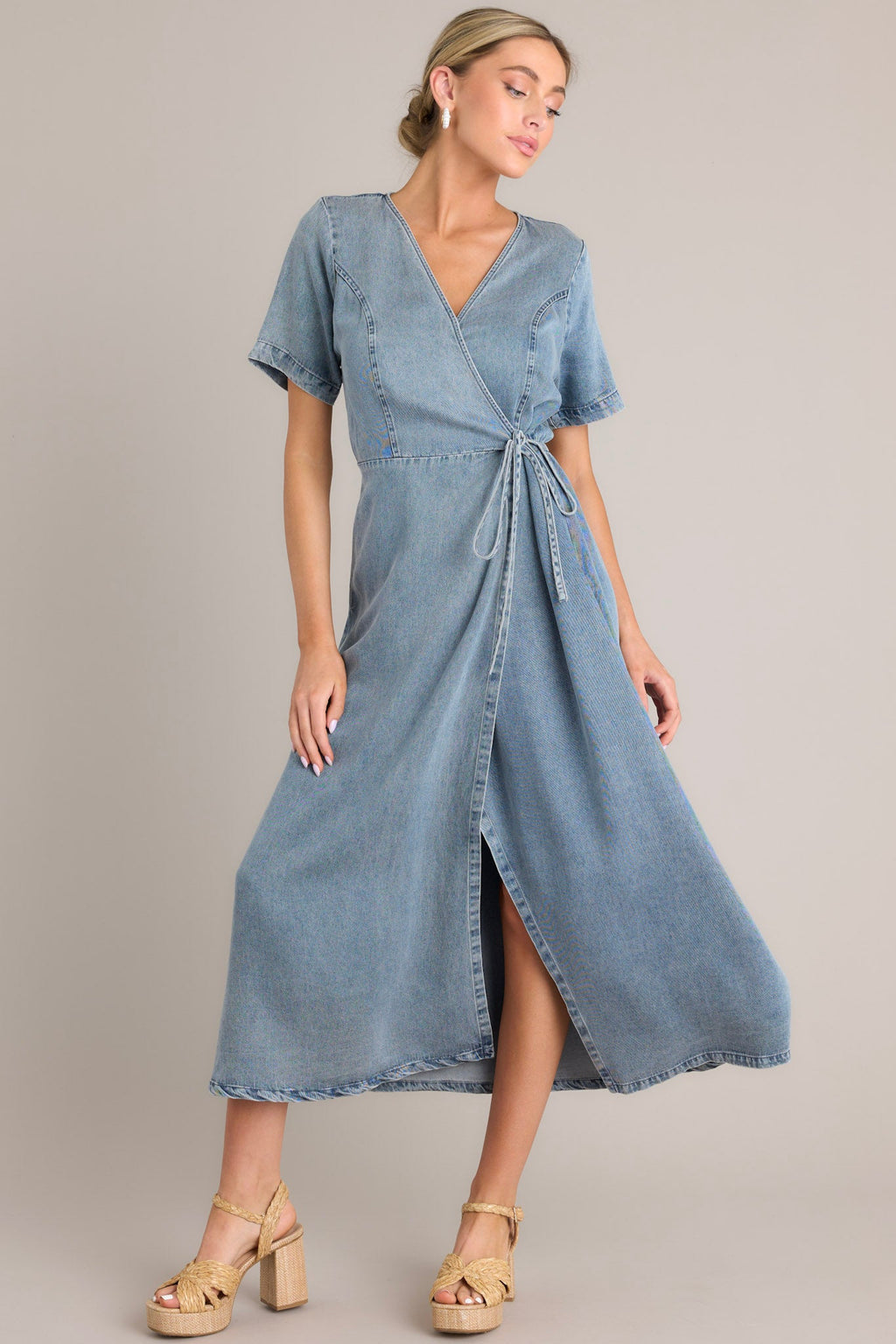 Medium Wash Chambray Wrap Midi Dress - All Dresses | Red Dress