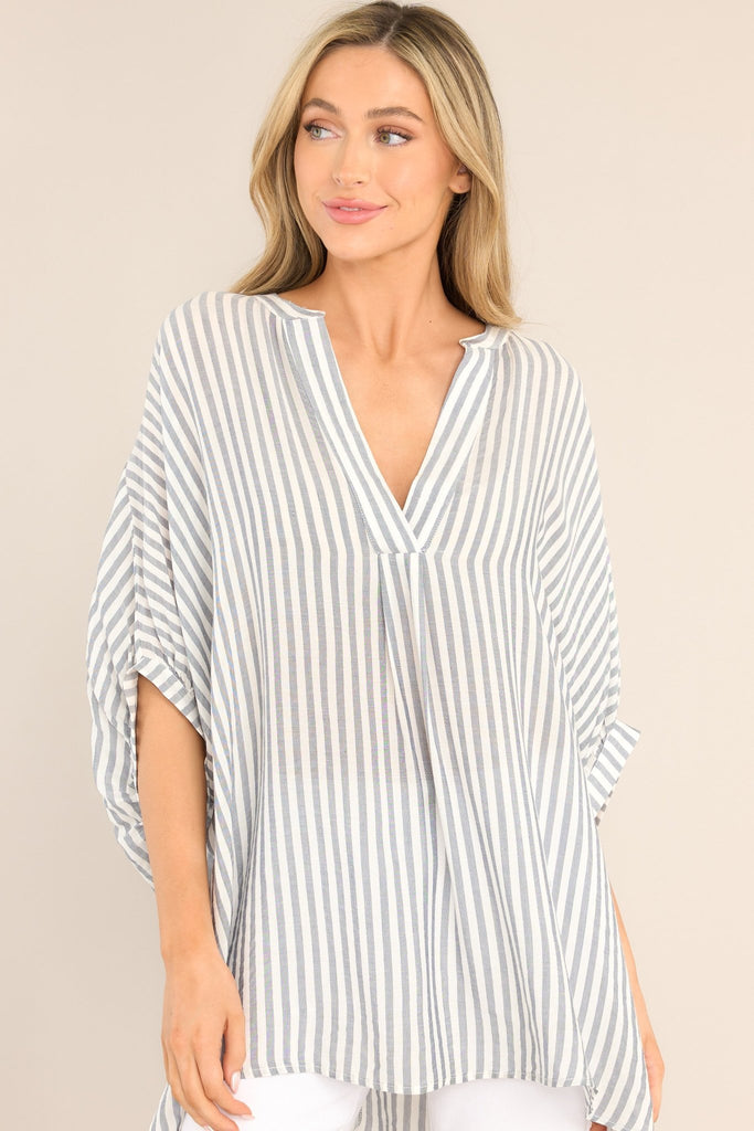 Oversized Grey & White Striped Top - All Tops | Red Dress