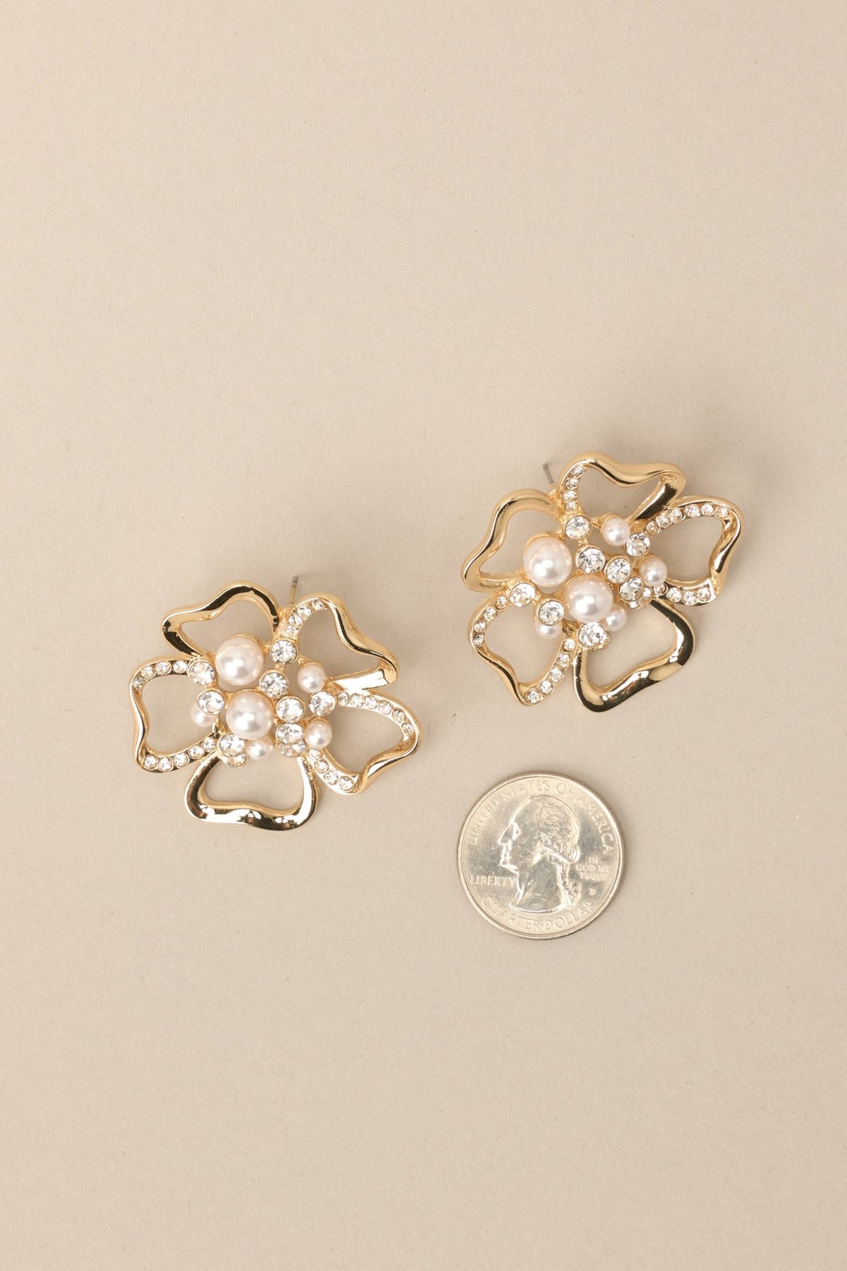 Gold Pearl Embedded Flower Earrings - All Earrings | Red Dress