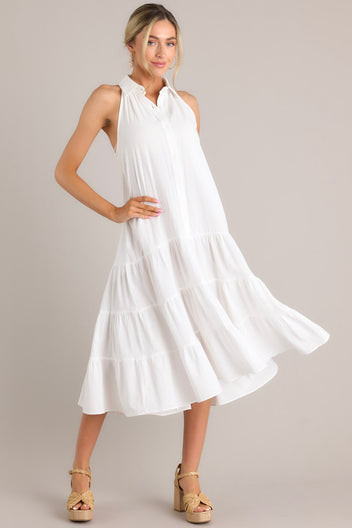 White Cotton Button Front Midi Dress - All Dresses | Red Dress