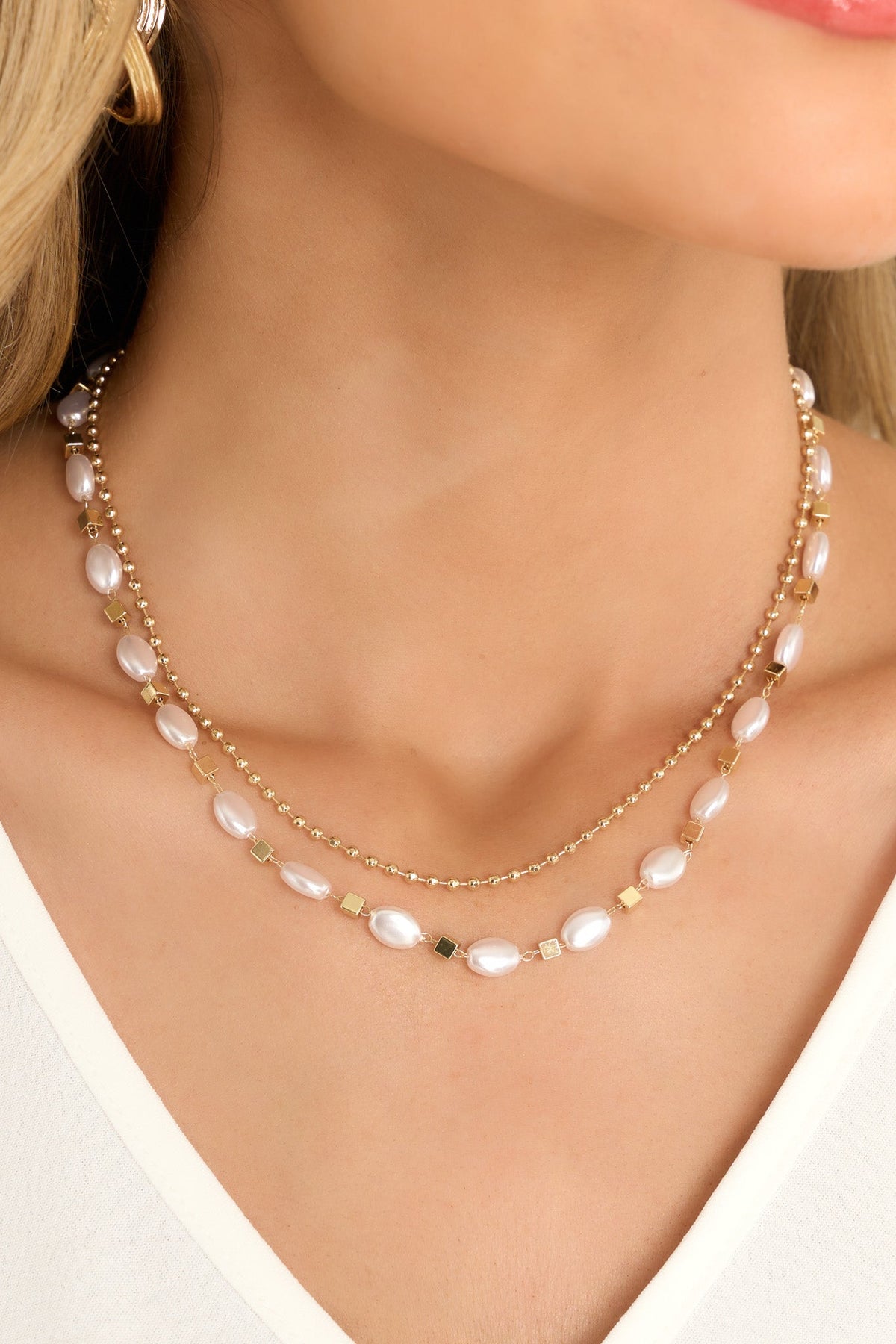 Gold & Pearl Layered Necklace - All Necklaces | Red Dress