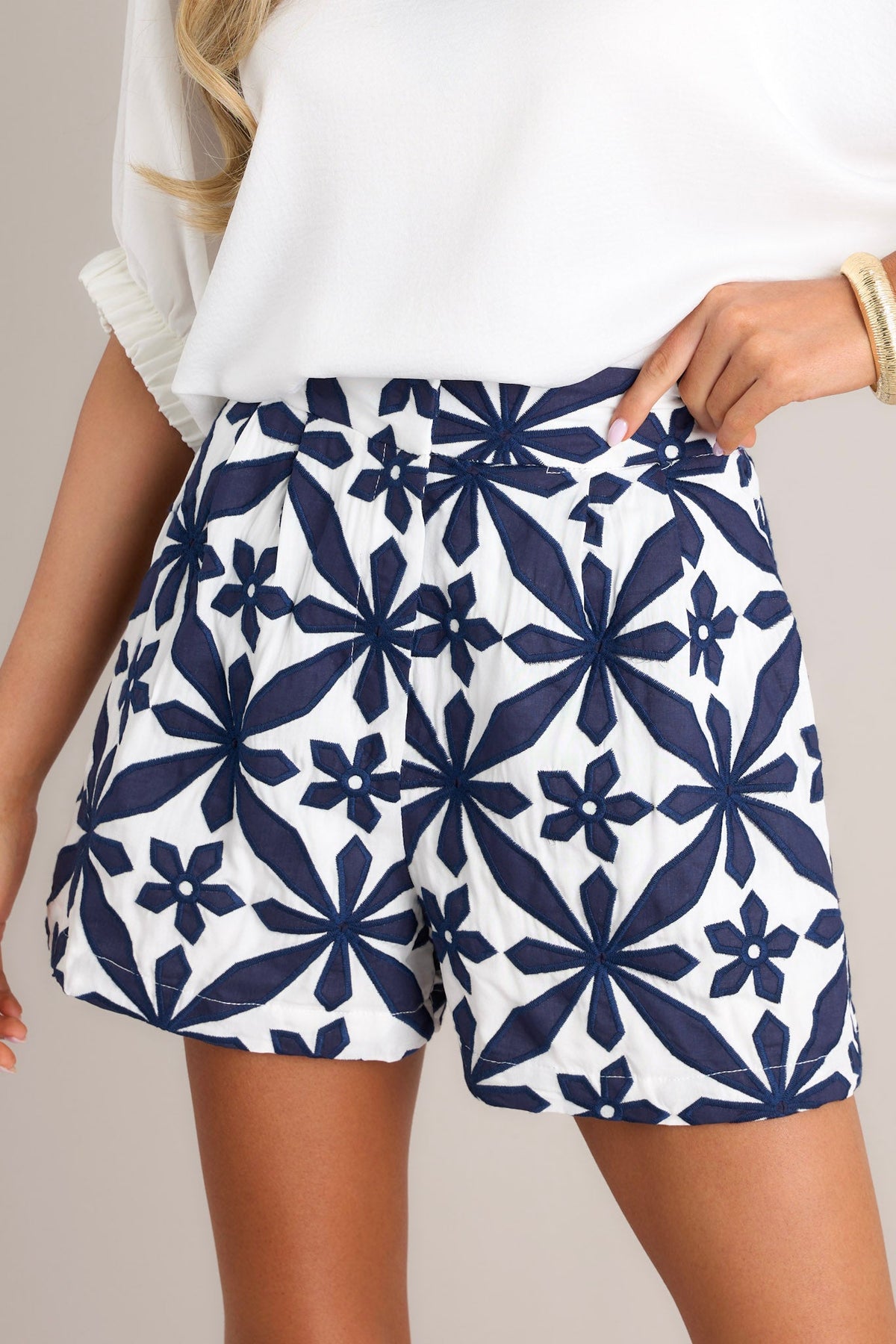 Navy Geometric Floral Embroidered Shorts - All Bottoms | Red Dress