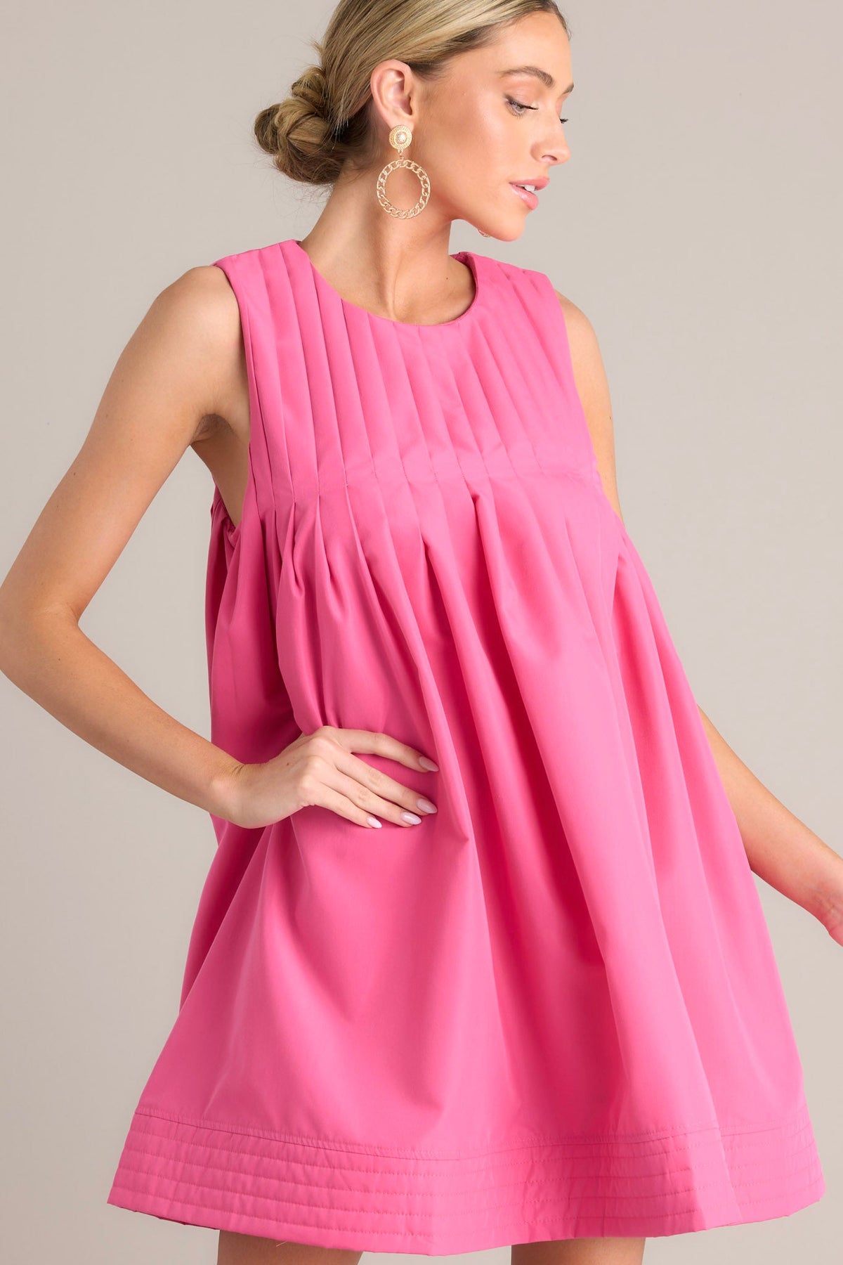Pleated Hot Pink Mini Shift Dress - All Dresses | Red Dress