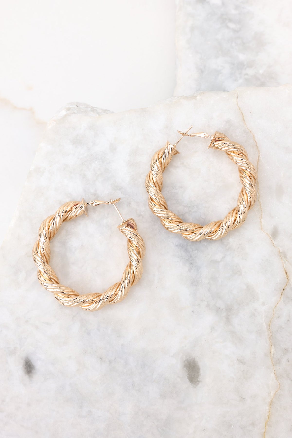 Pretty Gold Twisted Hoop Earrings - All Jewelry | Red Dress
