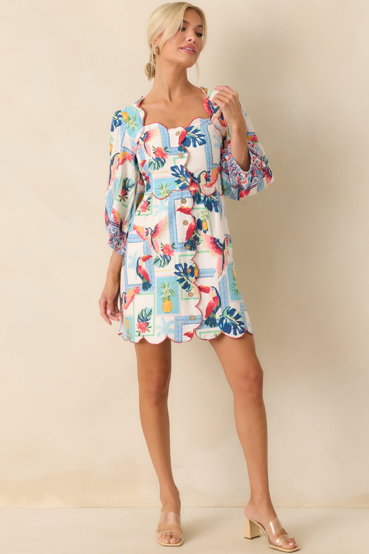 Ivory Multi Patchwork Print Mini Dress - Tropical Prints | Red Dress