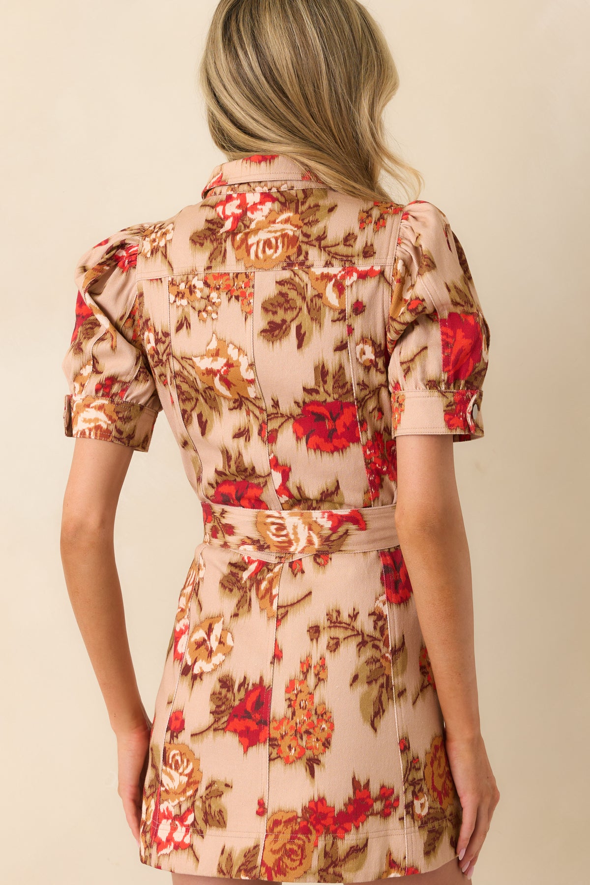 Tan Multi Floral Print Cotton Mini Dress - Denim Dresses | Red Dress
