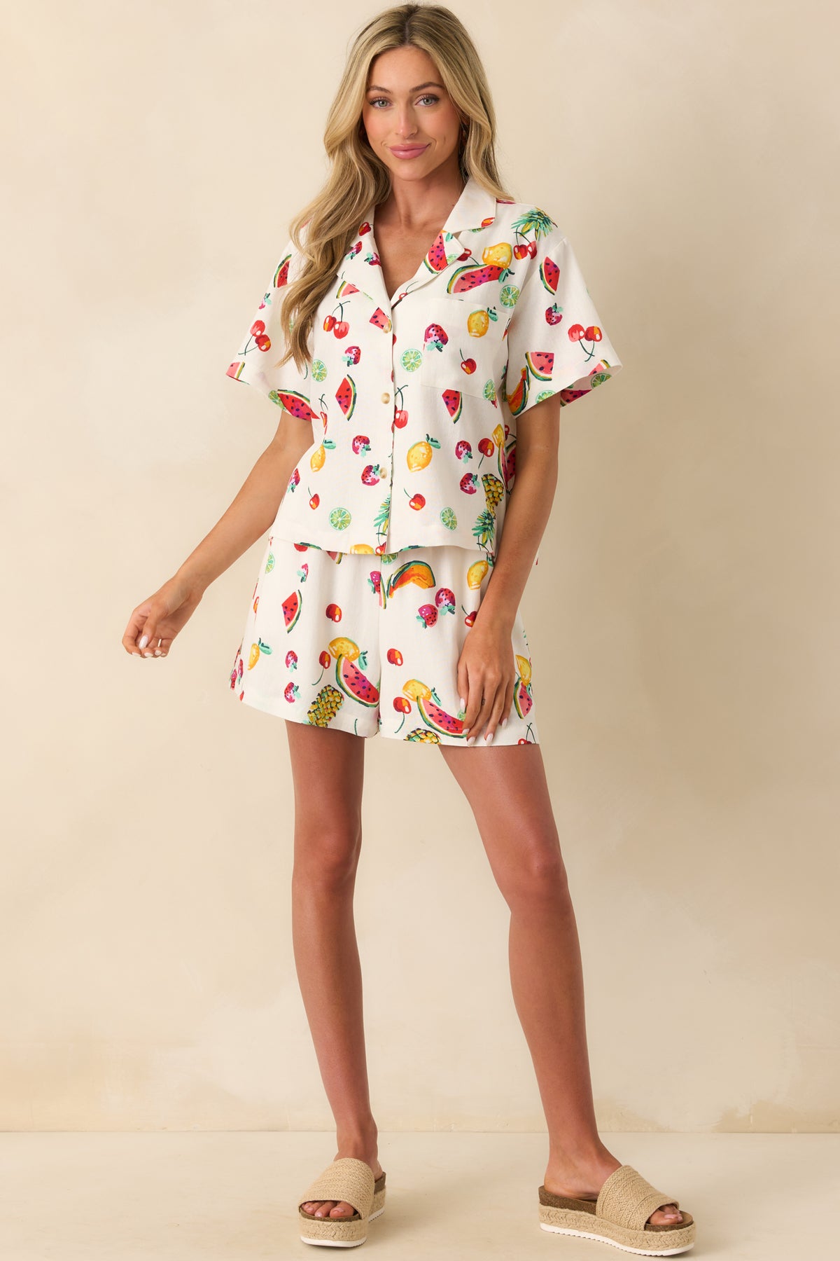 Ivory Multi Fruit Print Button Front Top - Casual Tops | Red Dress