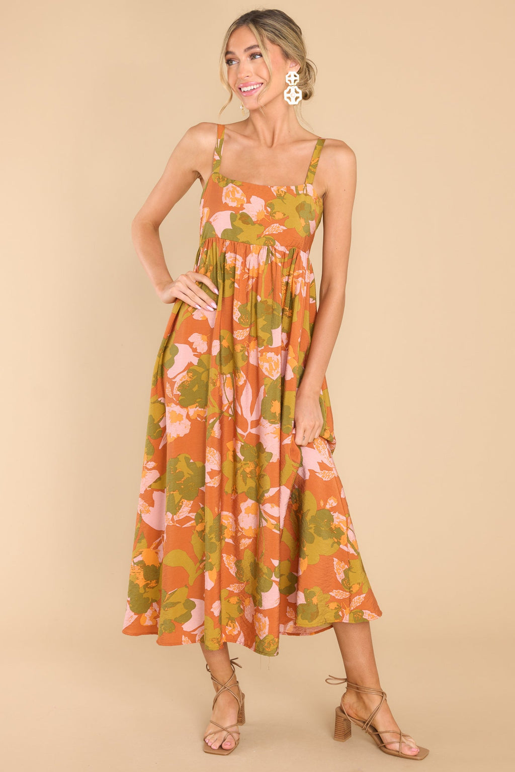 Adorable Rust Floral Print Maxi Dress - All Dresses | Red Dress